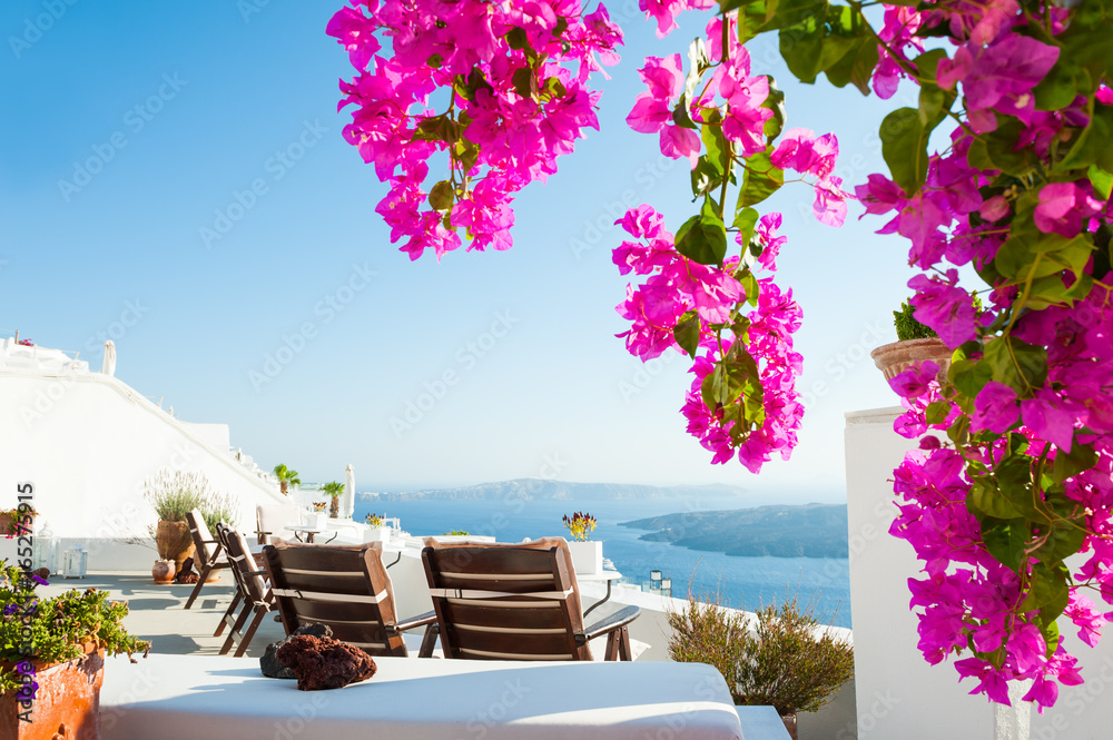 Beautiful terrace with flowers, sea view. Santorini island, Greece ...
