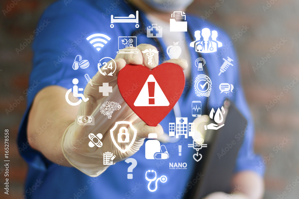 Doctor offers red heart with exclamation triangle mark on virtual ...