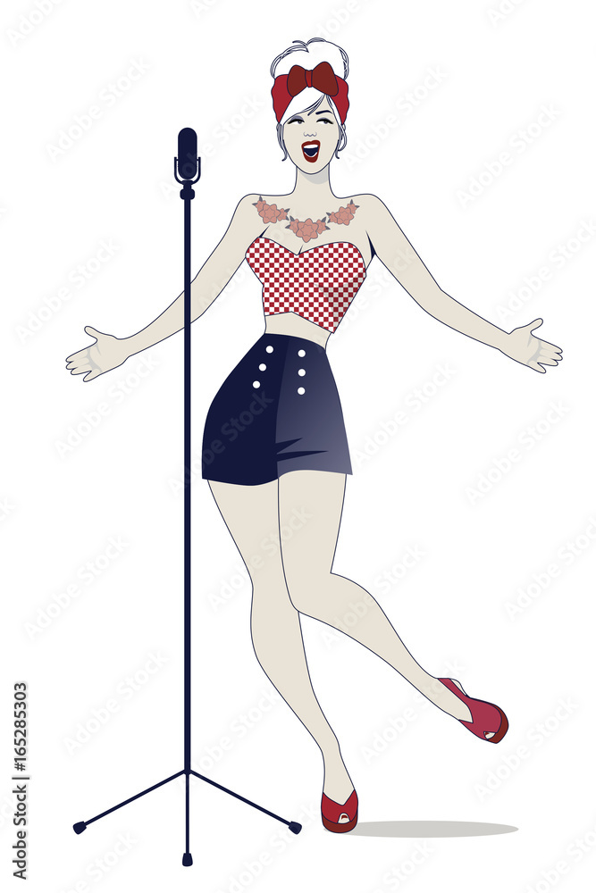 Beautiful and tattooed pin-up girl singing. Vector Illustration Stock ...