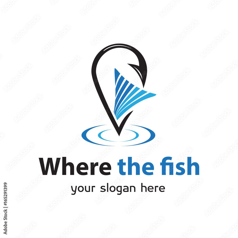 fin within a hook shaped as map pin. logo design. isolated on white ...