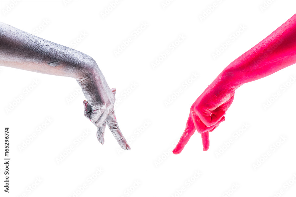 Walking hands towards one to one. Fingers like legs, concept of meeting ...