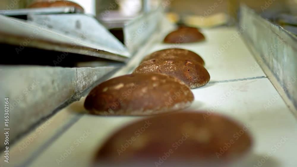 Bread production line. Food factory conveyor belt. Bread loaf on ...