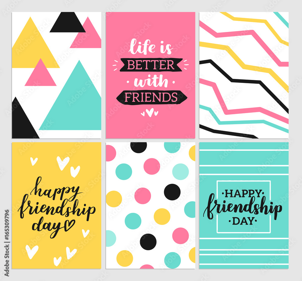 Happy friendship day 2017. Set of bright colorful posters with brush ...