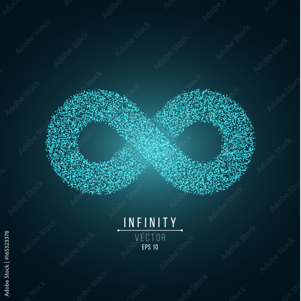 Glowing symbol of infinity from small blue particles. Volumetric sign ...