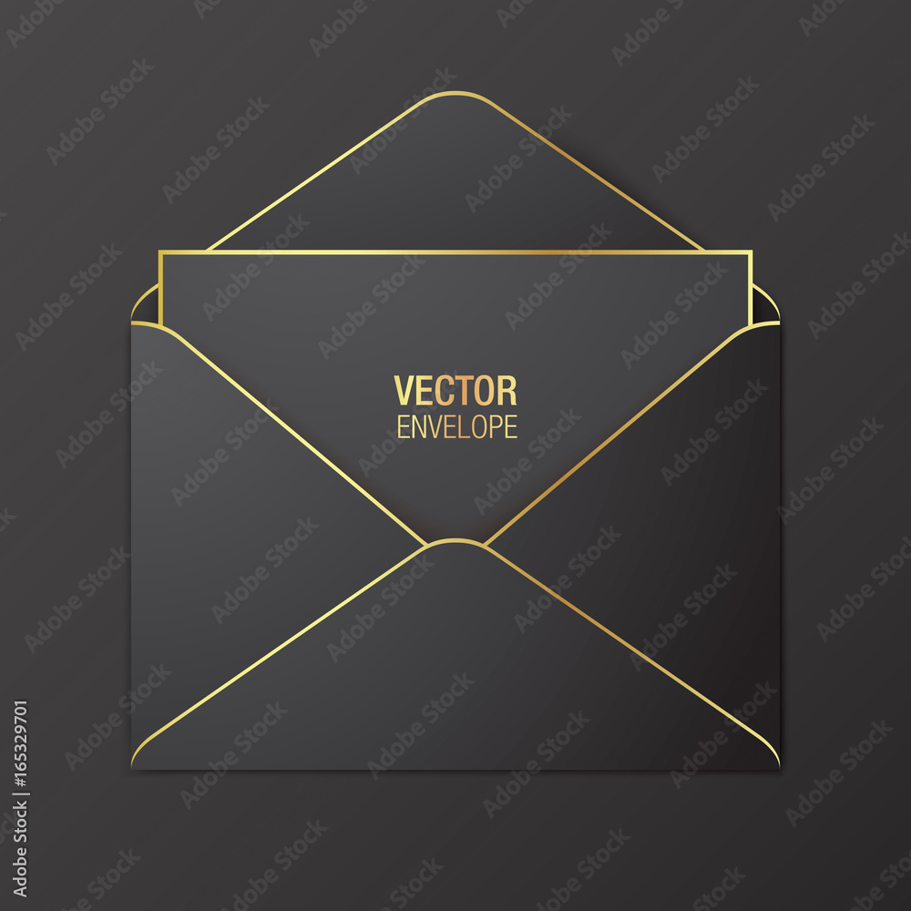 Black vector envelope template. Black opened envelope with golden ...