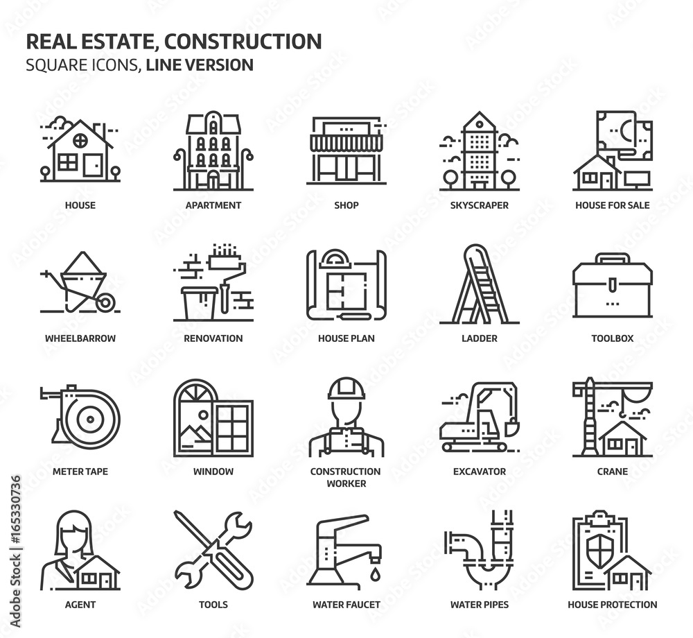 Real estate and construction, square icon set Stock Vector | Adobe Stock