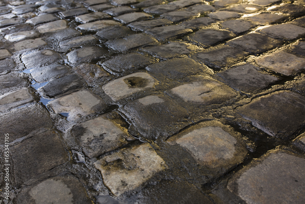Fragment of wet paving stones after the rain with light of sun Stock ...