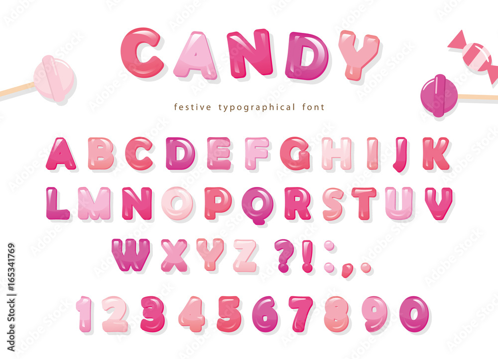 Candy glossy font design. Colorful pink ABC letters and numbers. Sweets ...