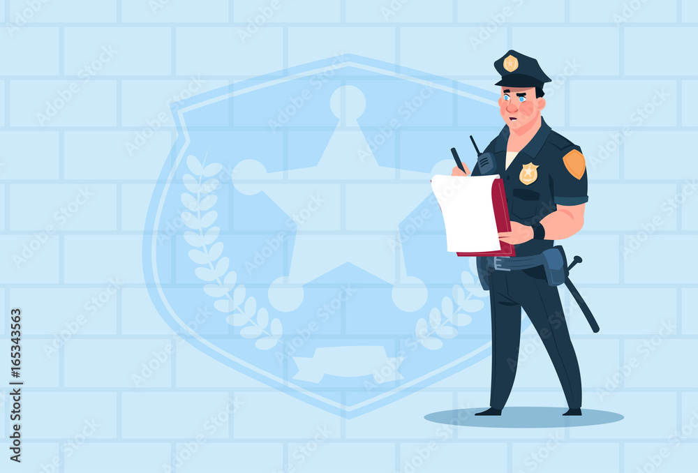 Policeman Writing Report Wearing Uniform Cop Guard Over Brick ...