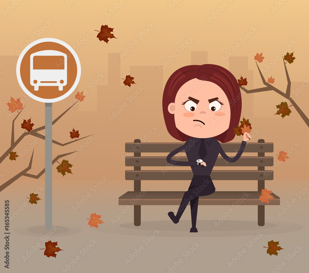 Angry nervous business woman office worker character waiting late bus ...