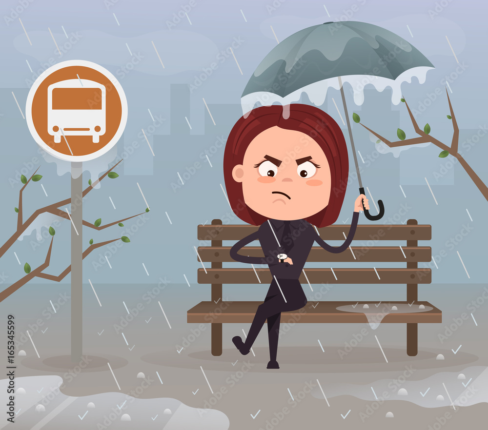 Angry nervous business woman office worker character waiting late bus ...