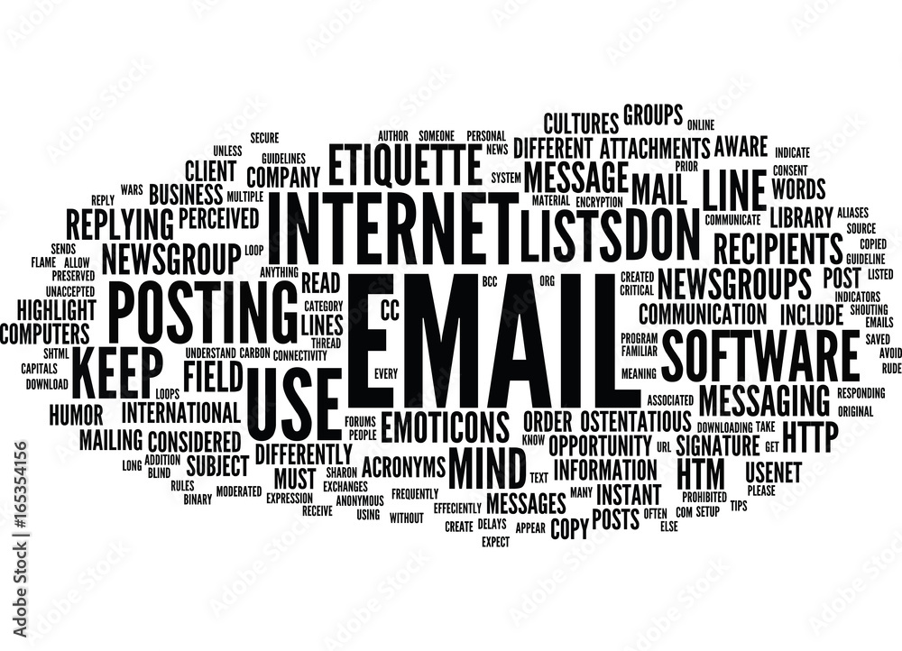 EMAIL AND NEWSGROUP ETIQUETTE Text Background Word Cloud Concept Stock ...