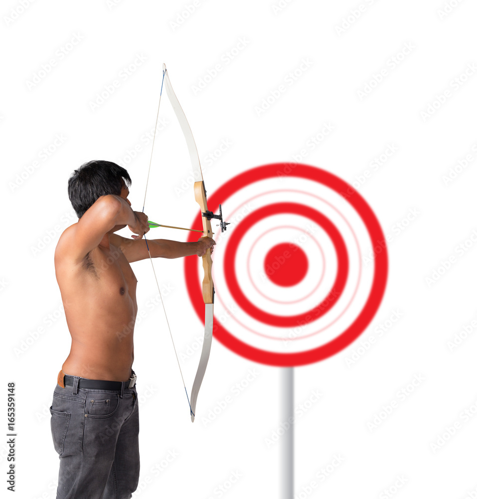 Asian man holding bow and shooting to archery target. Rear view ...