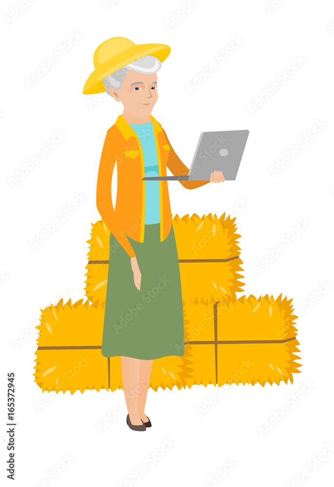 Senior caucasian farmer using a laptop. Stock Vector | Adobe Stock