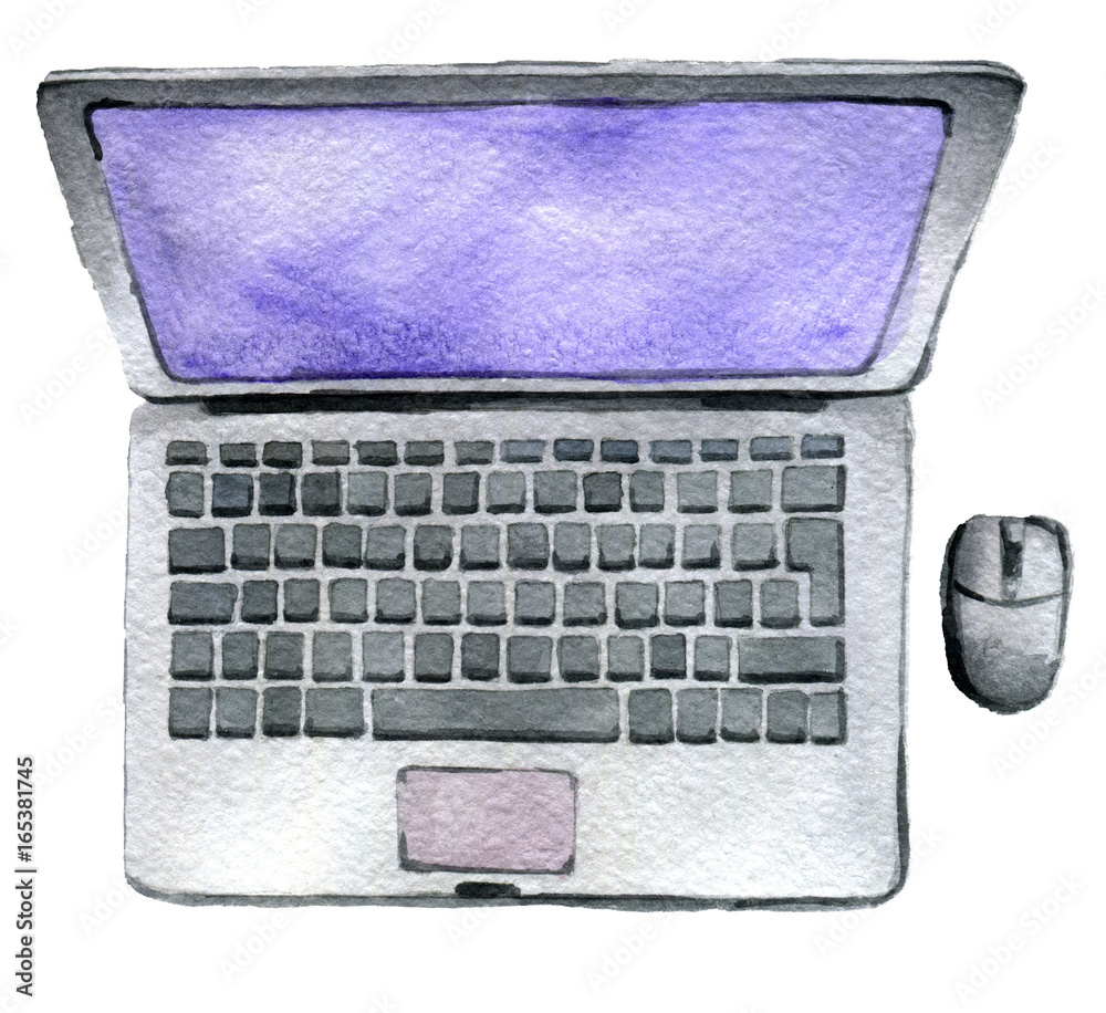 watercolor sketch of laptop with computer mouse isolated on white ...