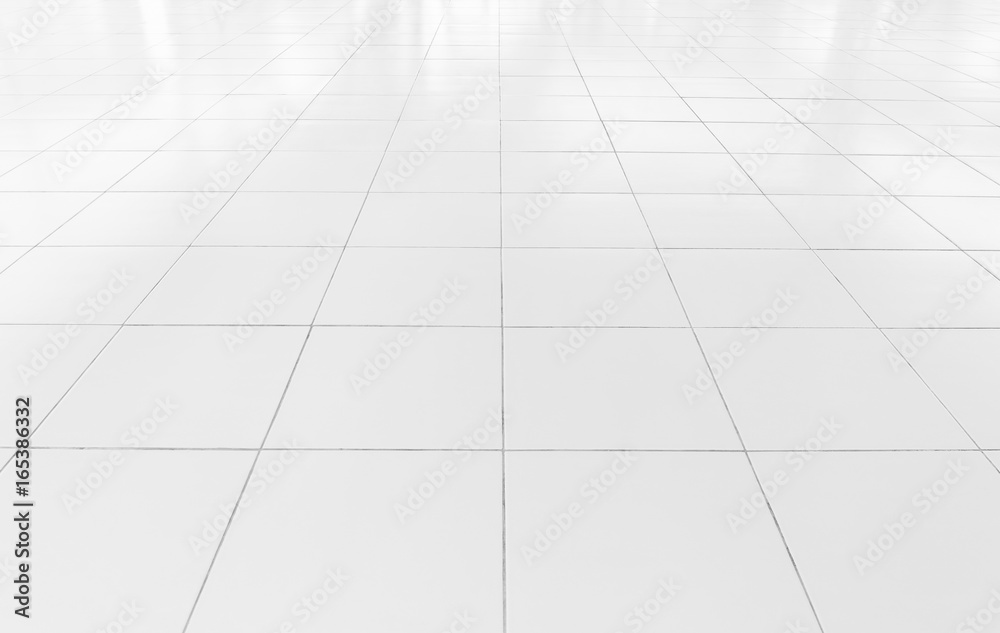 White tile floor background in perspective view. Clean, shiny, symmetry ...