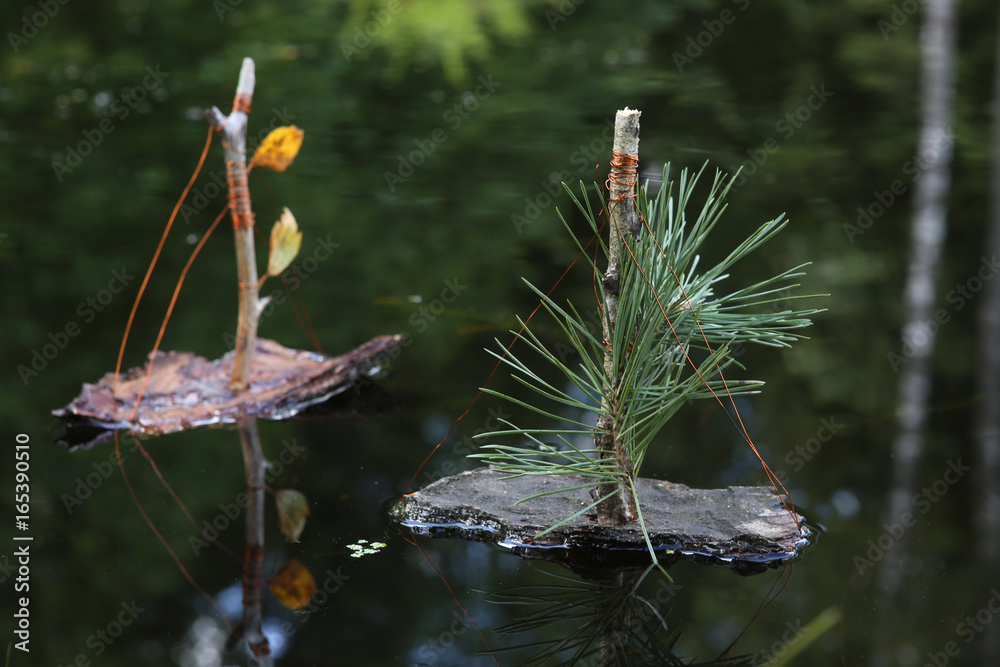 Handmade boats made from tree bark. Boats game in nature. Ships sailing ...