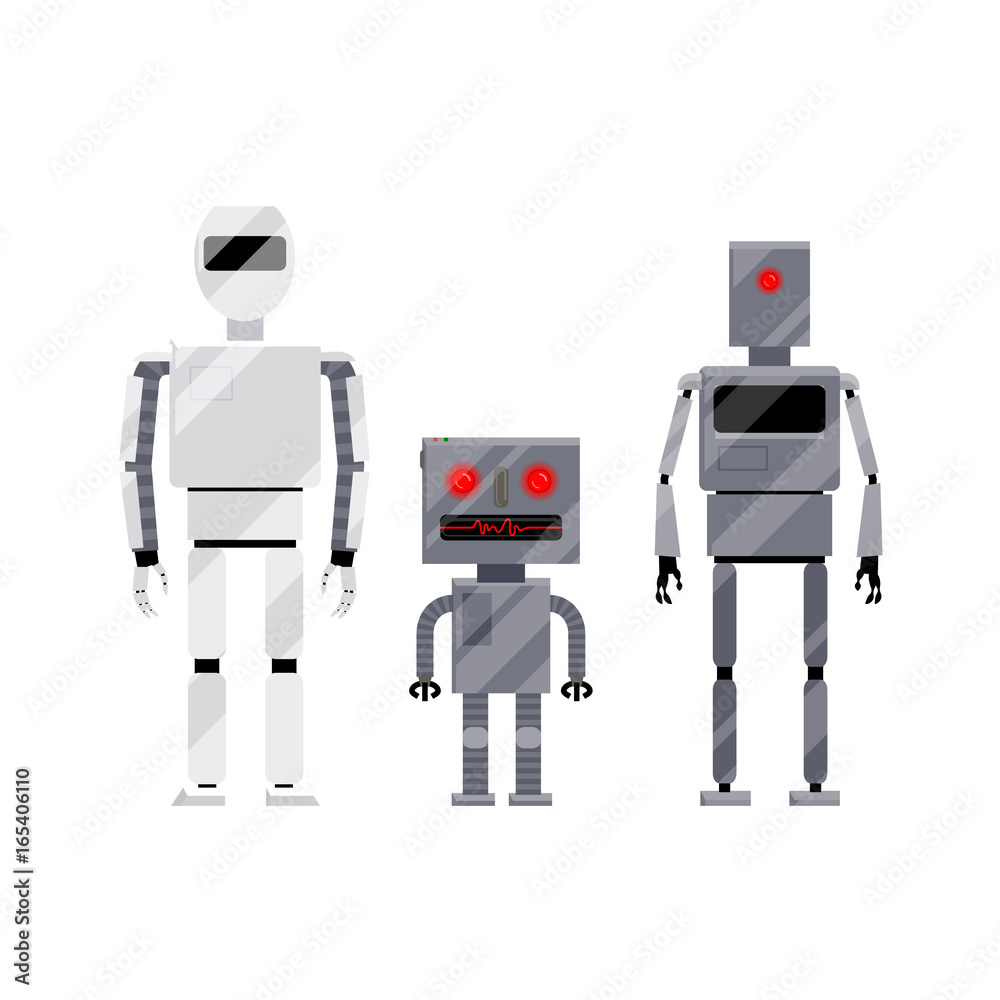 Three modern and retro style robot characters, cartoon vector ...