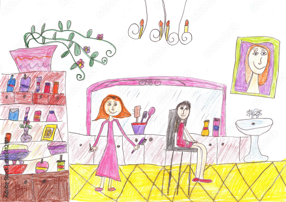 Child's drawing of a hair salon Stock Illustration | Adobe Stock
