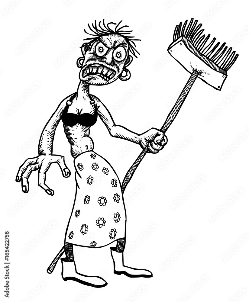 Cartoon image of undead monster lady cleaning. An artistic freehand ...