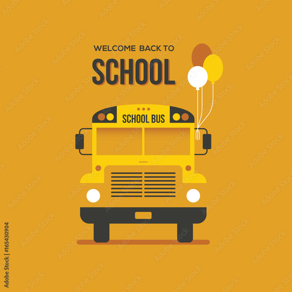 School bus front view with three balloons on bright orange background ...
