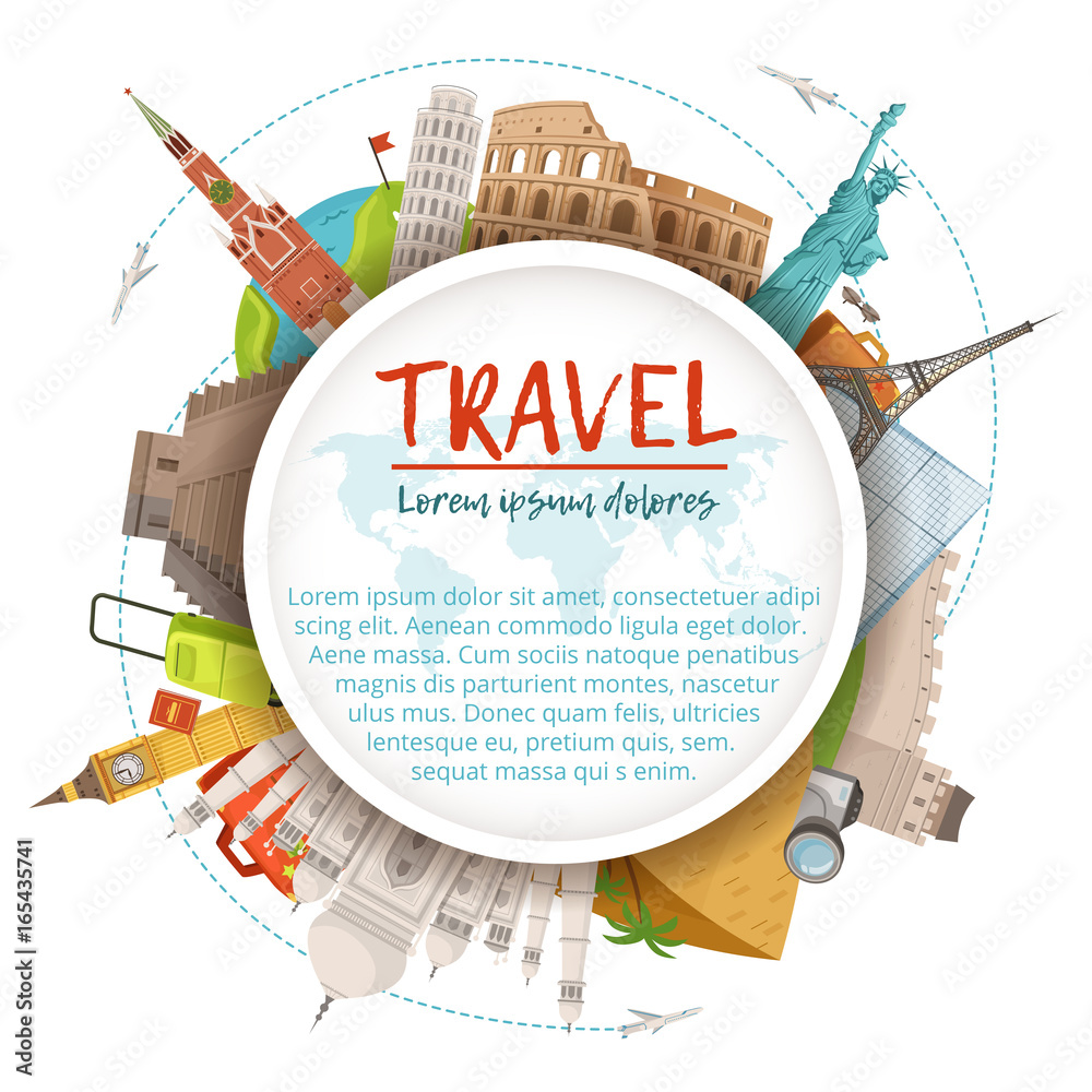 Different world landmarks in circle shape. Design template with place ...