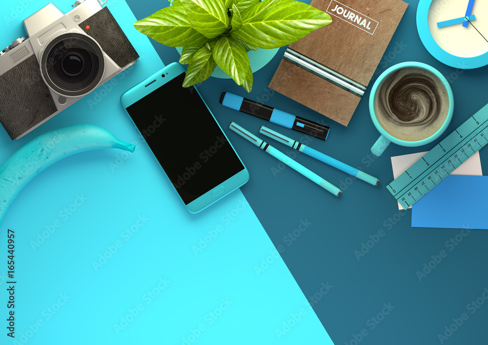 Top down view of modern work space office desk with essentials ...