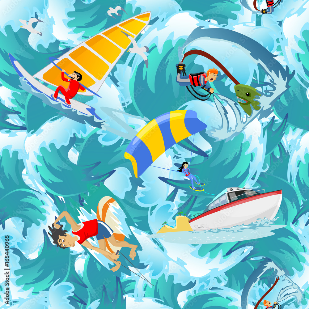 Water extreme sports seamless patterns, design elements for summer ...