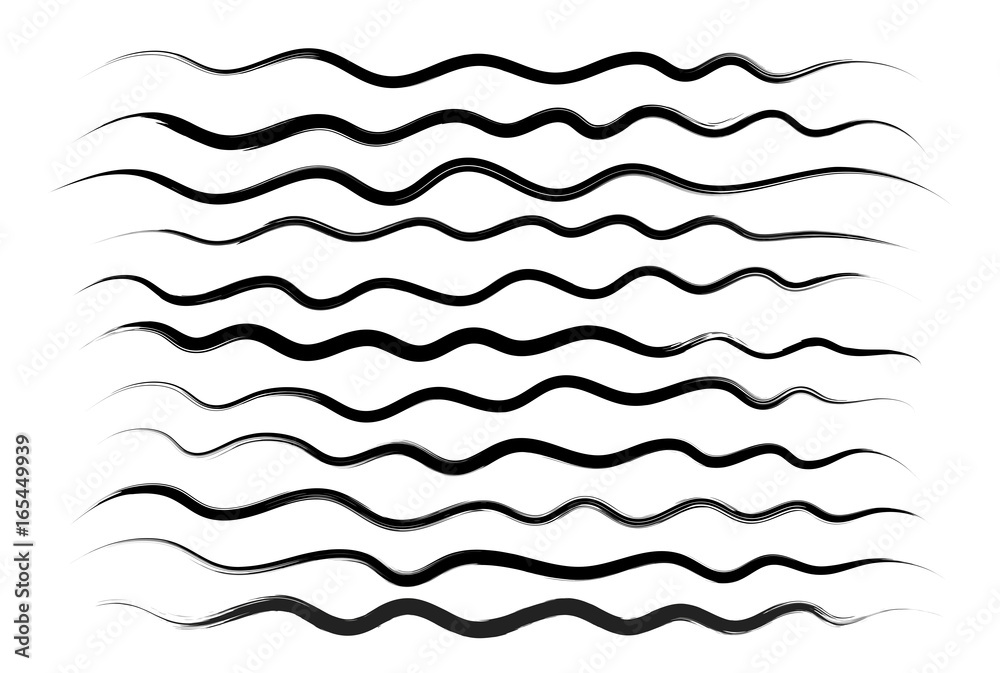Wavy lines, brush drawing. Vector brushes. Hand-drawn brushstrokes ...