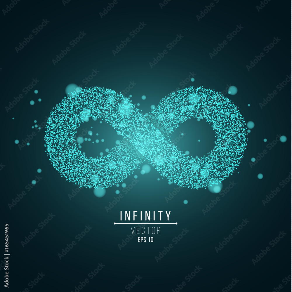 Glowing symbol of infinity from small blue particles. Glare bokeh ...