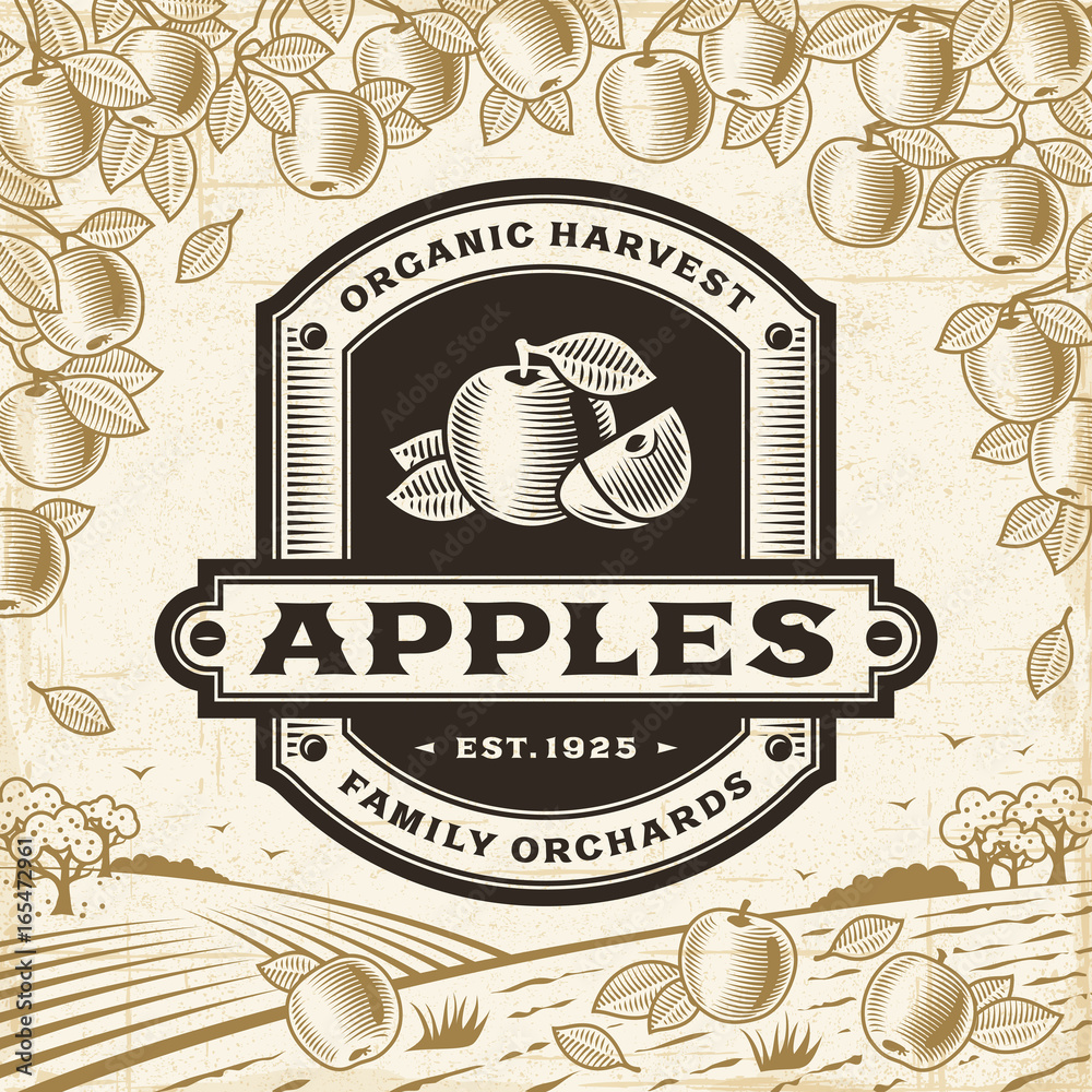 Retro apples label on harvest landscape. Editable EPS10 vector ...