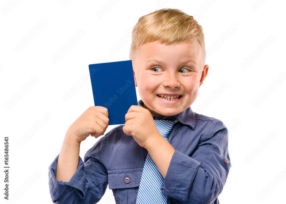 Kid's First Passport or ID. Cute blond haired boy with bright eyes is ...
