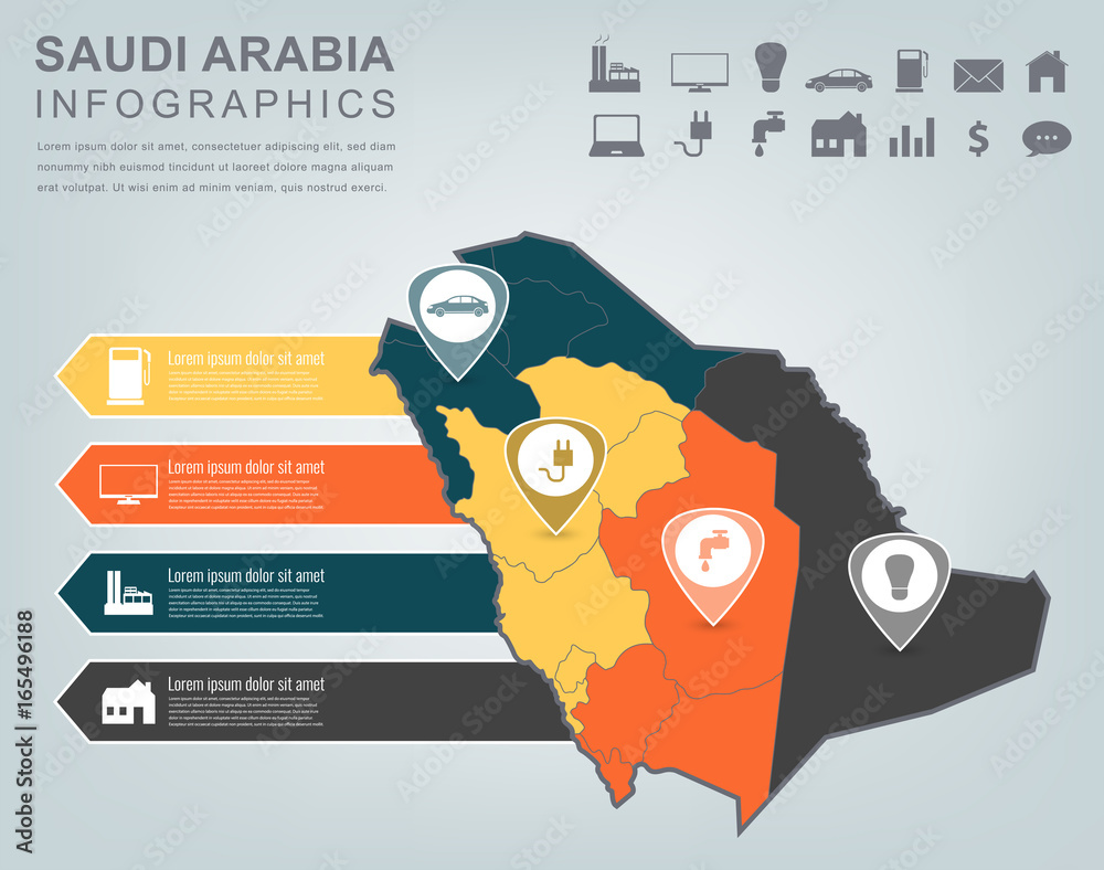 Saudi Arabia map with Infographic elements. Infographics layouts ...