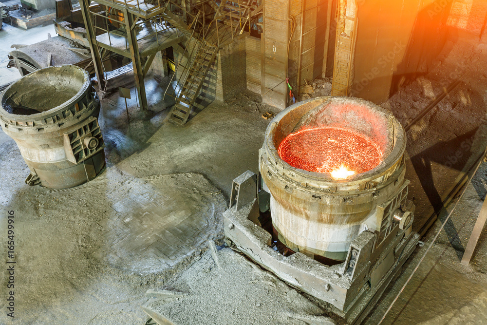 Liquid metal from blast furnace in the steel plant,industry landscape ...