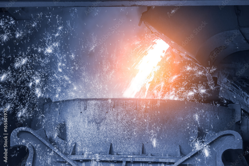 Liquid metal from blast furnace in the steel plant,industry landscape ...