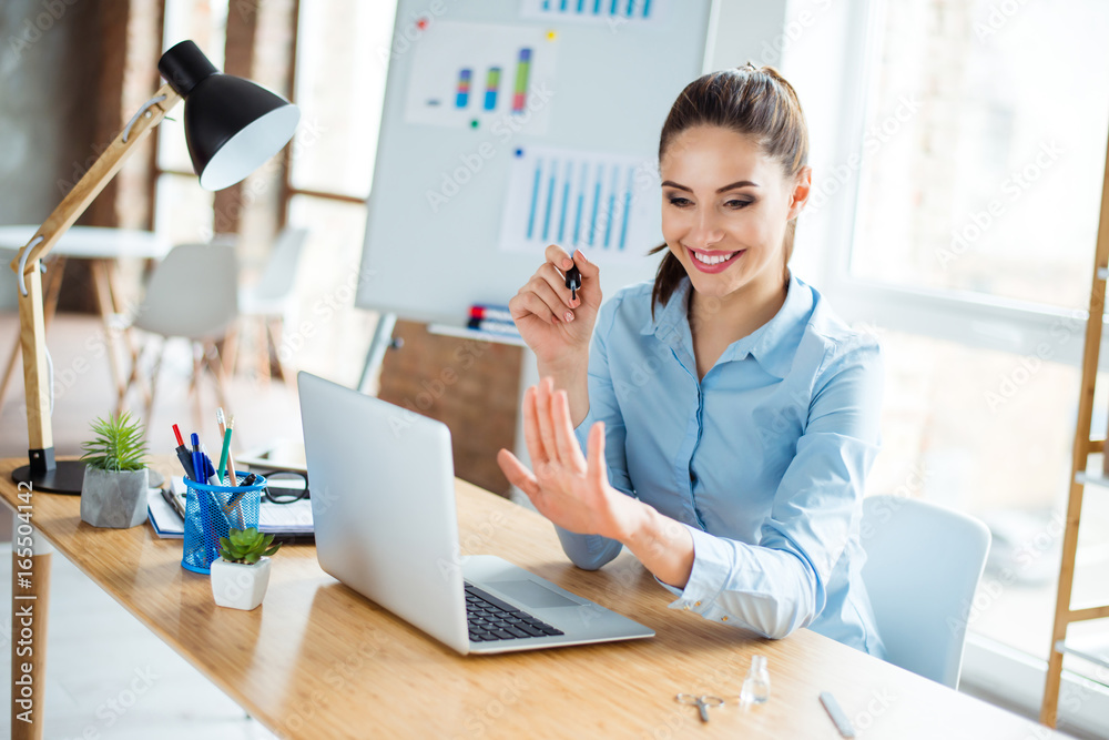 Cropped close up photo of young lady secretary in blue formal wear ...
