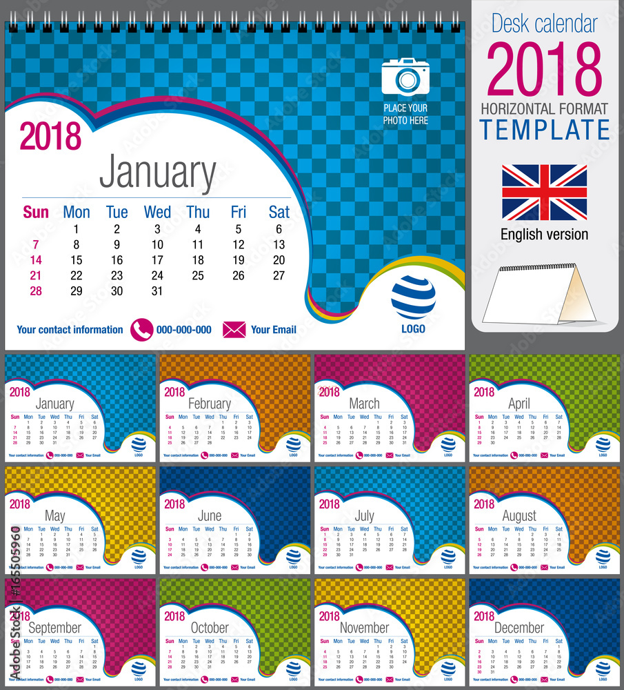 Desk triangle calendar 2018 colorful template. Size: 21 cm x 15 cm ...