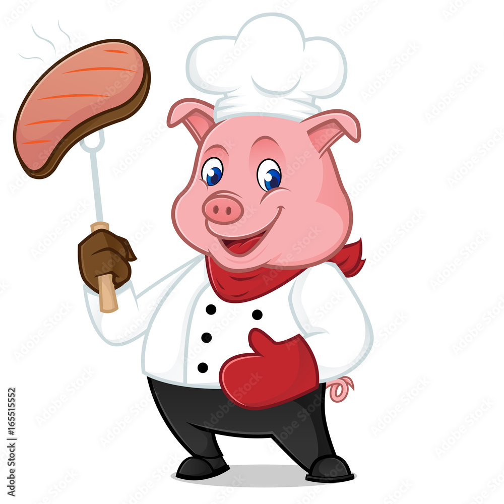 Chef pig cartoon mascot grilling pork Stock Vector | Adobe Stock