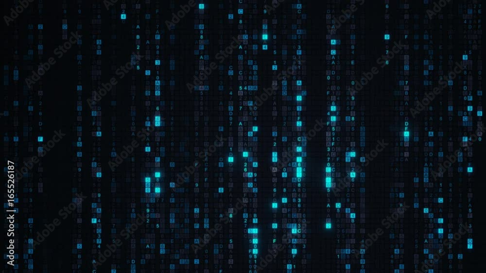 Blue matrix rain of digital HEX code. Computer generated abstract ...