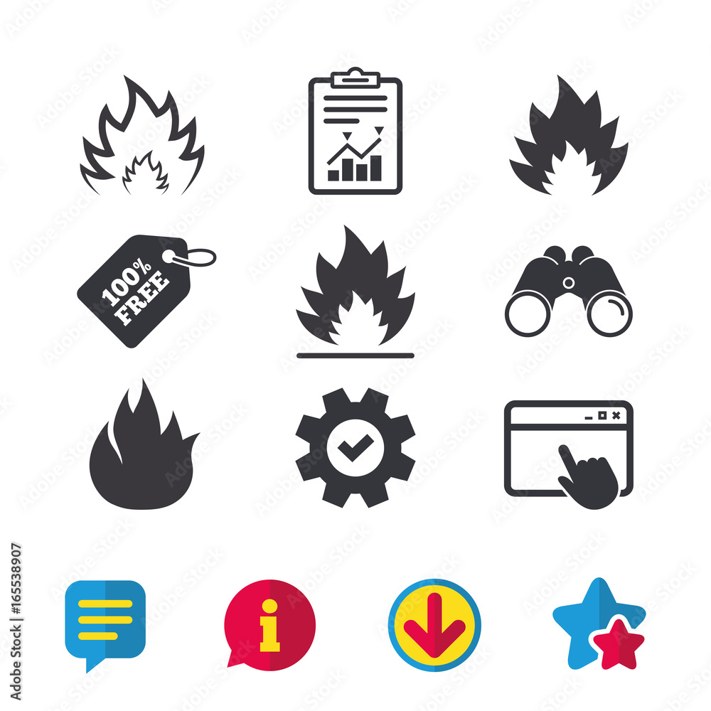Fire flame icons. Heat symbols. Inflammable signs. Browser window ...