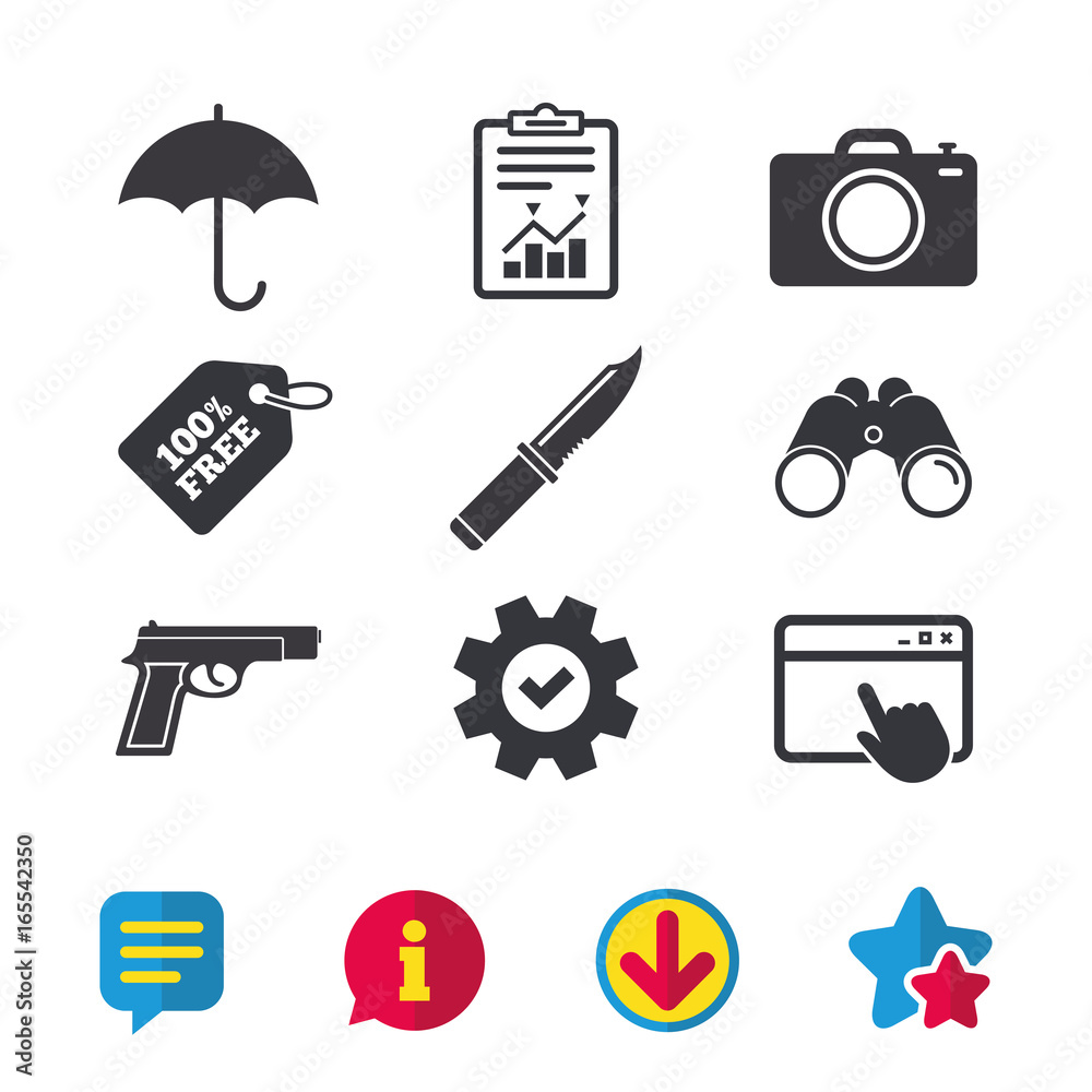 Gun weapon icon.Knife, umbrella and photo camera signs. Edged hunting ...