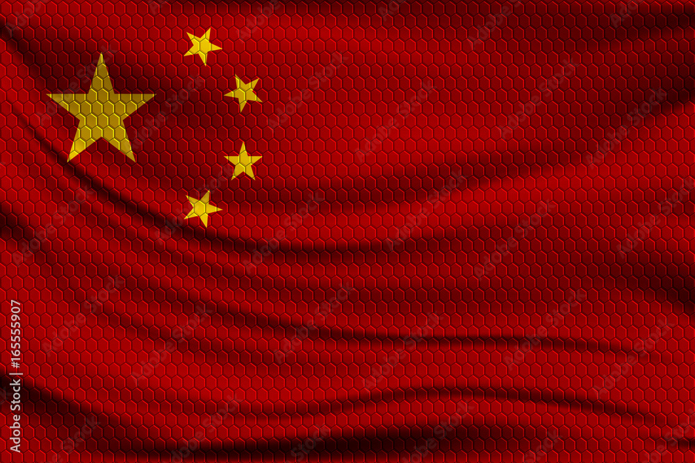 National flag of China on wavy fabric with a volumetric pattern of ...