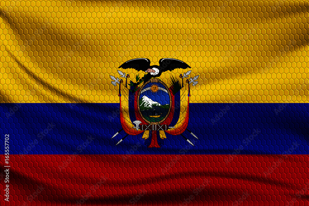 National flag of Ecuador on wavy fabric with a volumetric pattern of ...