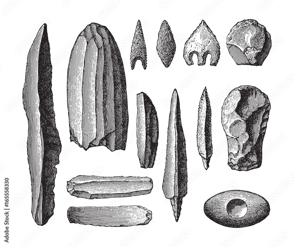 Stone age tools collection / vintage illustration Stock Vector | Adobe ...