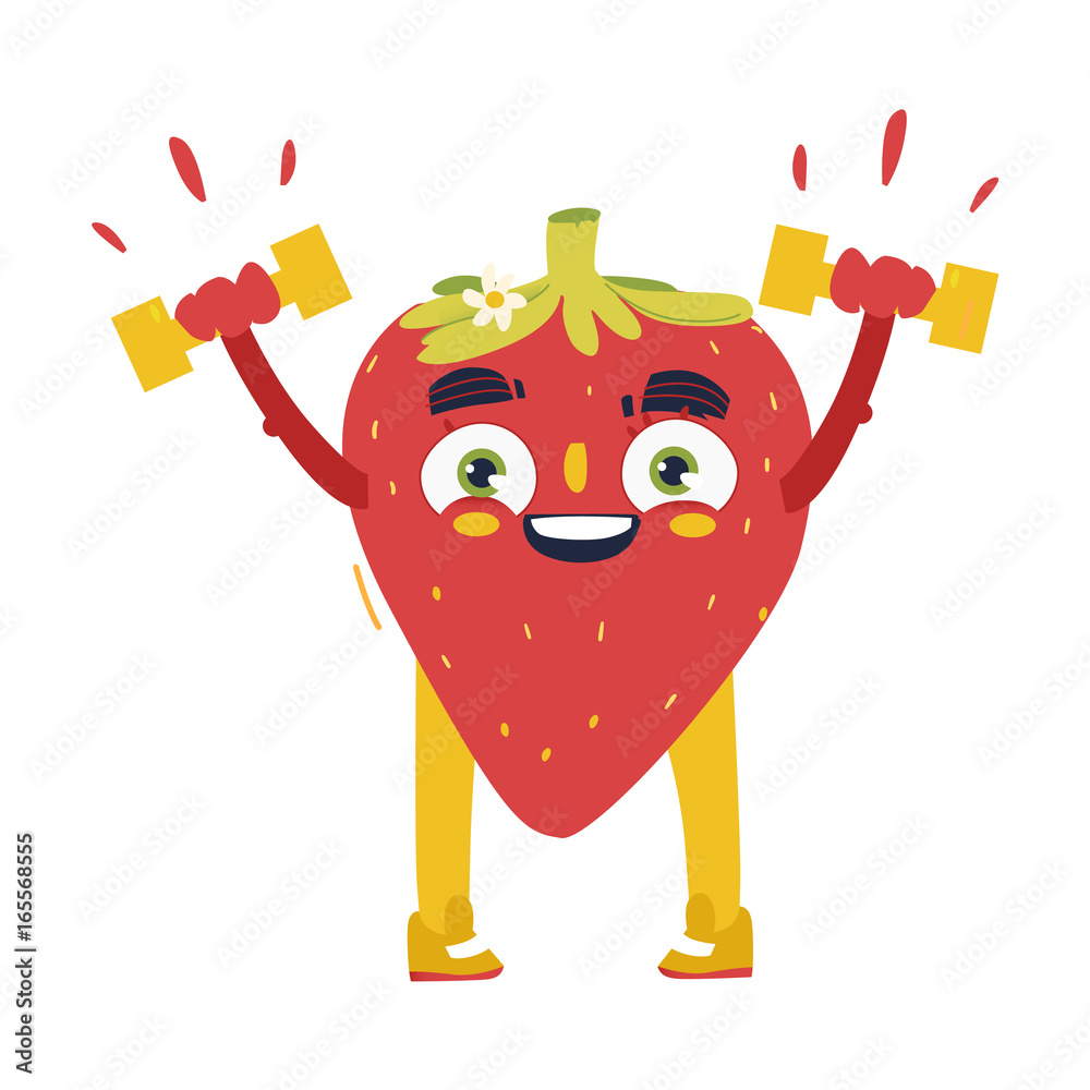 Funny strawberry character working out in gym, lifting dumbbells, comic ...