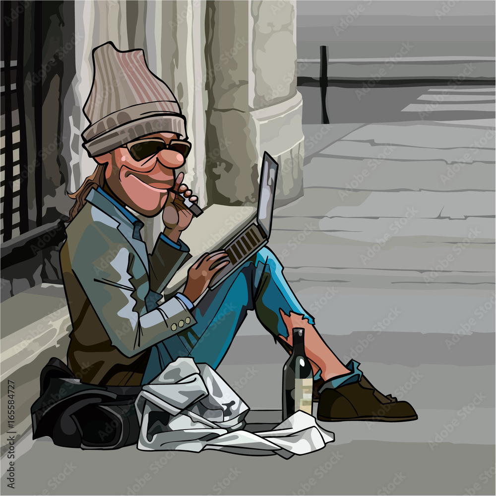 Cartoon homeless man sitting outdoors with laptop Stock Vector | Adobe ...