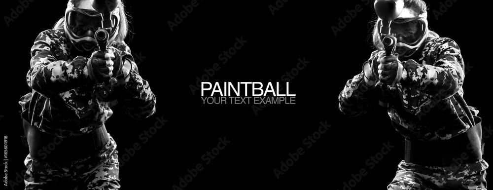 Paintball game and lasertag soldiers in military isolated on black ...