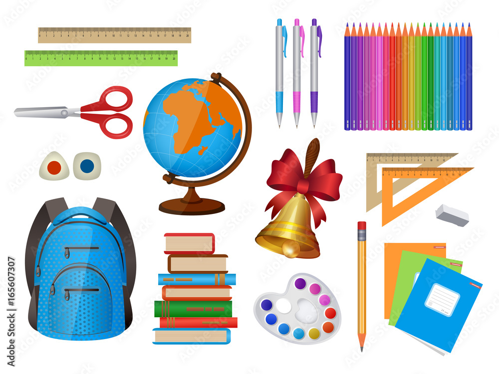 Set of school items - backpack, pen, pencil, ruler, globe, books ...