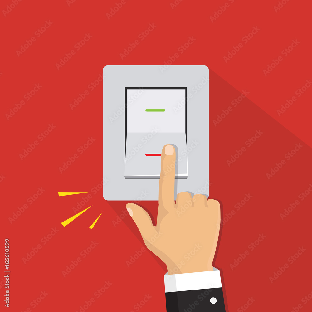 Isometric icon. Hand turning on the light switch. Toggle switch ...