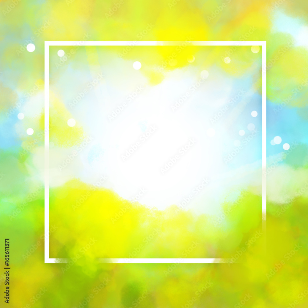 Multi colored, vibrant blue, yellow, white watercolor splash with frame ...